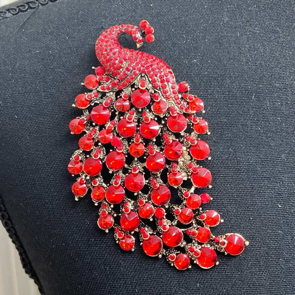 Large Red Peacock Brooch - Gem